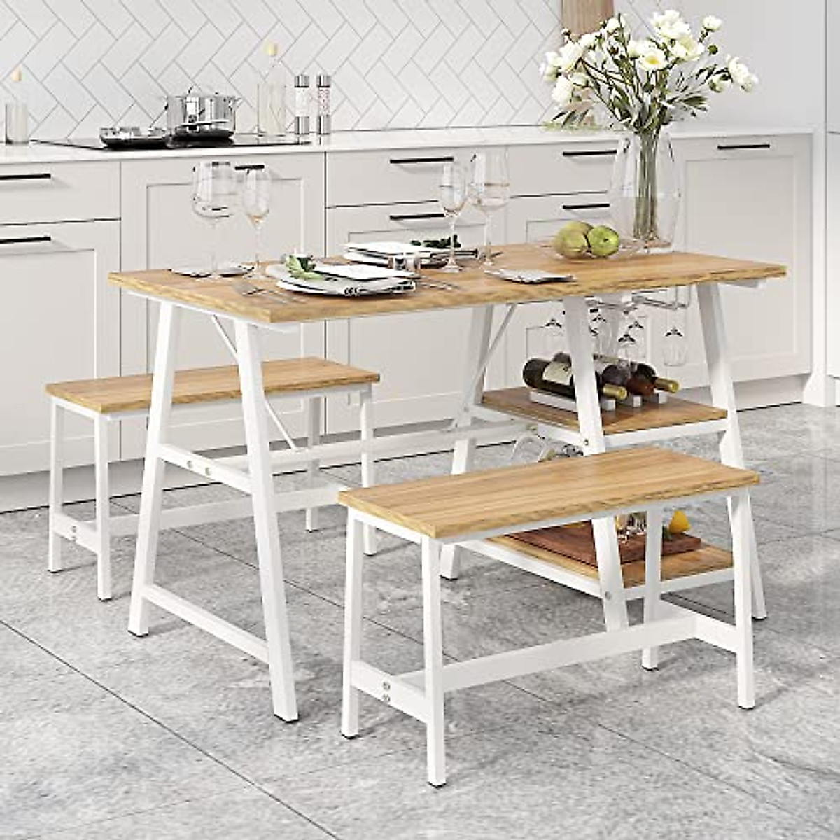 SogesGame Dining Table Set 3 Piece Kitchen Table Set Breakfast Table Set with Benches and Wine Rack Glass Holder 47.2 in Dining Room Table Set for 4 Oak