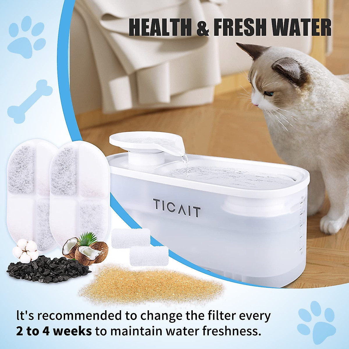 TIKAIT Cat Water Fountain Filter, 8 Pack Filters & Pre-Filter Sponges for 84oz/2.5L Automatic pet Water Dispenser, Water Bowl with Ultra-Quiet Smart Pump for Cats Dogs