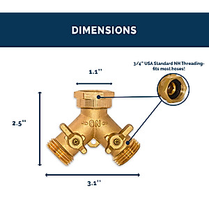 Morvat Heavy Duty Brass 2 way Y Splitter Garden Hose Hexagonal Connector with Comfortable Grip Shut Off Valves, Adapter for Water Tap, Outlet, & Spigot, Includes 2 Extra Rubber Washers & Teflon Tape