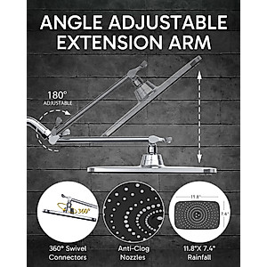Veken Rain Shower Head, 11.8 Inch Large Rectangular Rainfall Showerhead, Adjustable Stainless Steel 11 inch Extension Arm, Detachable Waterfall Rain Fall Showerheads with Anti-Clog Nozzles, Chrome