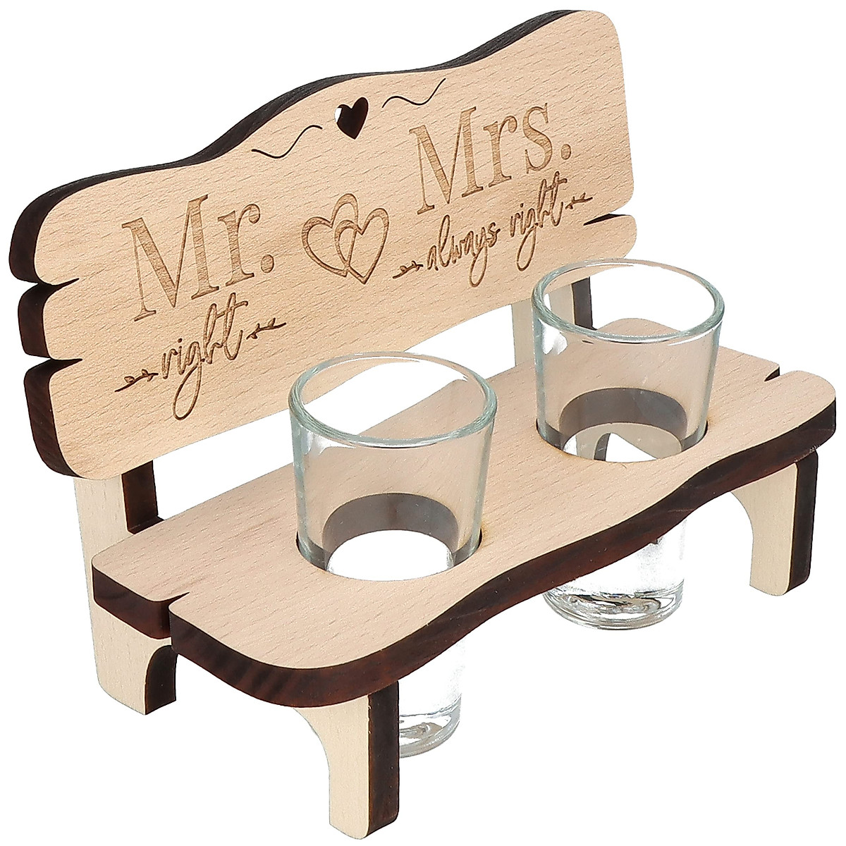 Spruchreif | Engraved Schnapps Bench with 2 Shot Glasses | Alcohol gift | Liquor gift | Wooden Shot Glas Stand with engraving | Funny Wedding Gift | Wedding Gift Ideas | Mr right Mrs always right