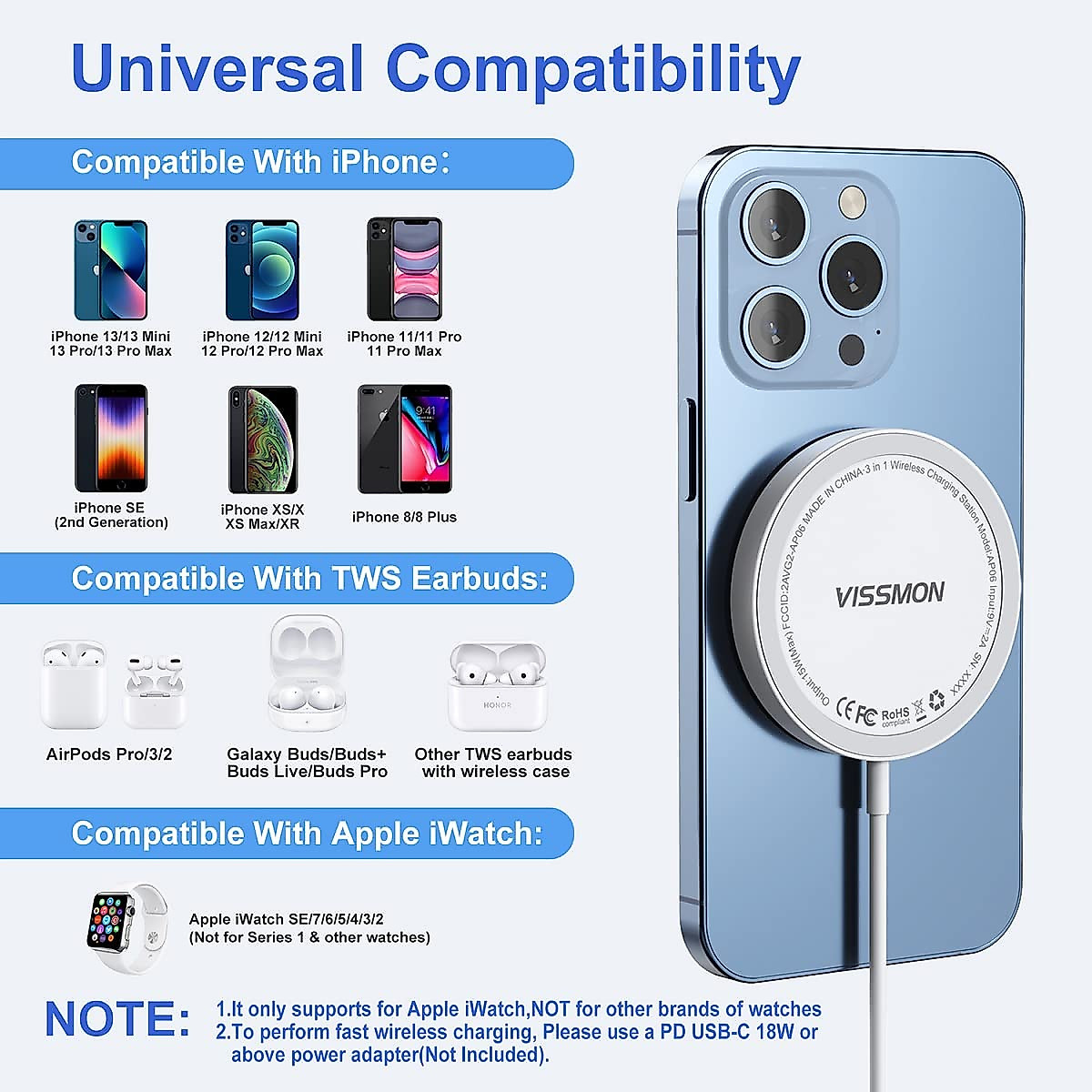 Magnetic Wireless Charger 3 in 1, 15W Fast Wireless Charging for iPhone 14/13/12/11 Series/XS Max/XS/XR/X/8/8 Plus, Compatible with Apple iWatch SE/7/6/5/4/3/2, AirPods Pro/3/2