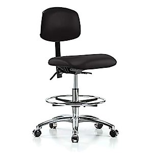 Perch Chrome Rolling Task Chair with Adjustable Back Support and Foot Ring for Hardwood or Tile Floors, Workbench Height, Black Vinyl