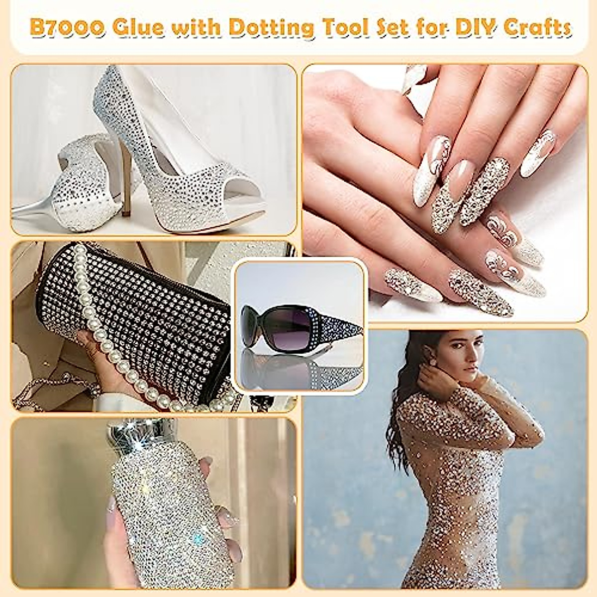 B7000 Adhesive Glue Rhinestone Kit, 4 x 15ML B-7000 Clear Craft Glue with Crystal Flatback Gems, Rhinestone Tools for Fabric, Cloth, Shoes, Nail Art, DIY Jewelry Making