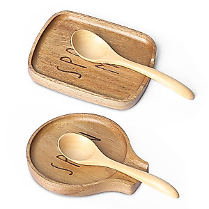 Set of 2 Wood Spoon Rest for Stove Top - Smooth Acacia Wood Spoon Holder for Kitchen Counter with Non Slip Silicone Feet,Perfect Holder for,Spatulas Tongs and Spoons, Brown (Labeled "SPOON")