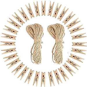 Mini Clothespins,200 Pcs Natural Wooden Photo Clips and 20 Meters Jute Twines for Photo Wall Decoration Craft Pins Pegs Scrapbooking Postcard Art Work Display