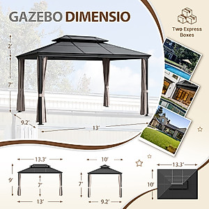 Flamaker Hardtop Gazebo Aluminum Frame Outdoor Gazebo with Privacy Curtains and Gauze Mesh Sunshade Pavilion Double Roof Canopy for Patio, Lawn, Deck, Poolside (Polyurethane Roof, 10' x 13')