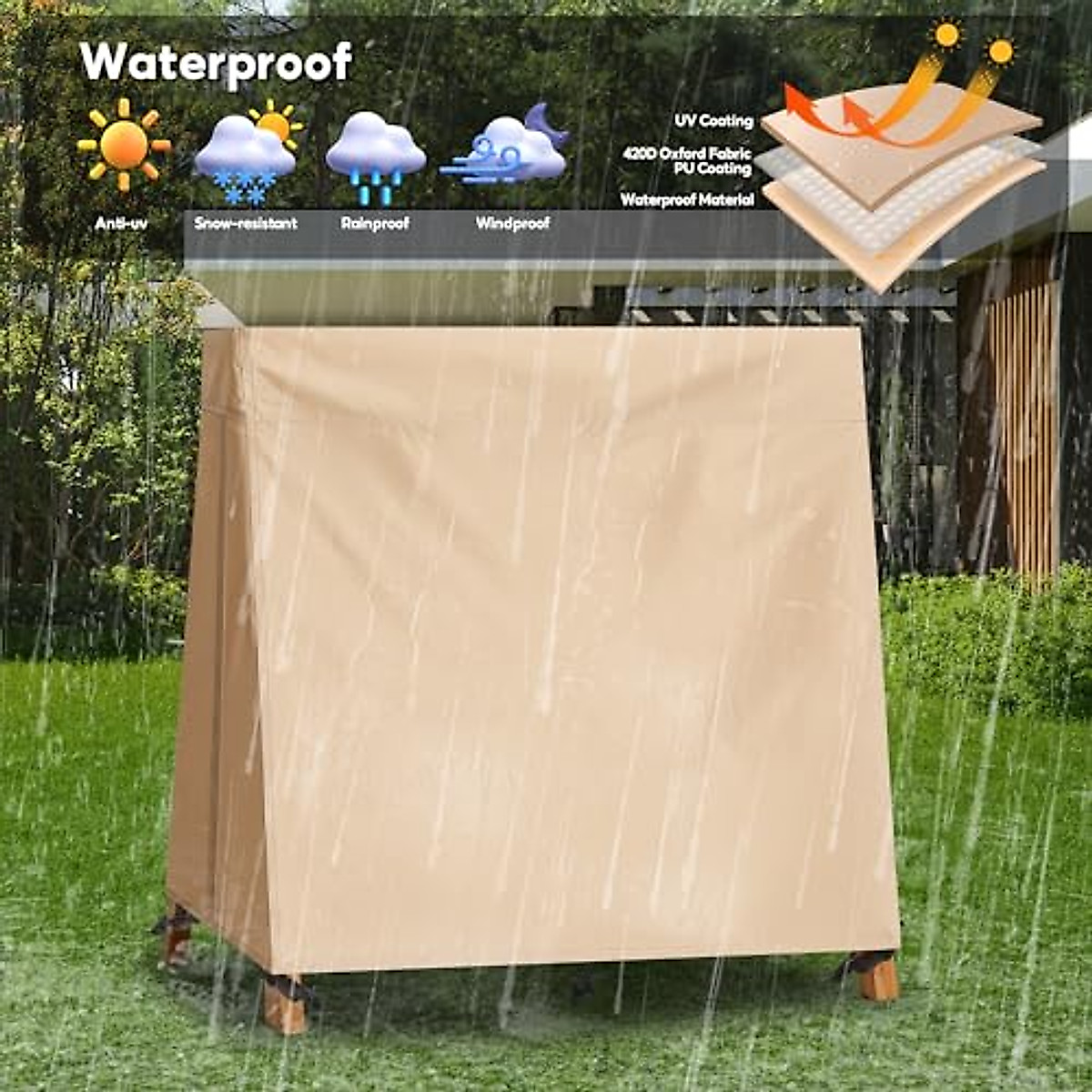 uHousDeco Outdoor Swing Covers for A Frame Patio Swing, 72" L x 55" D x 67" H, A-Frame Swing Cover Waterproof, Porch Patio Swing Canopy Cover, Windproof UV Resistant All Weather Protector - Beige
