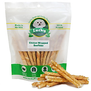 Lucky Premium Treats Chicken Wrapped Rawhide Dog Treats – USA Made Raw Hide Sticks for Small & Toy Size Dog Breeds – Long Lasting, Preservative Free Chew Sticks – 120 Count