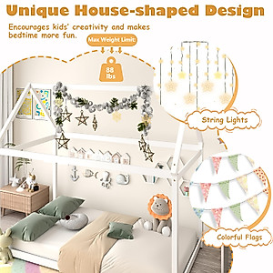 KOMFOTT Twin House Bed Frame for Kids, Solid Wood Kids Platform Floor Bed with Roof & Multiple Slats, Toddler Floor Tent Bed Frame for Girls Boys, No Box Spring Needed (White)