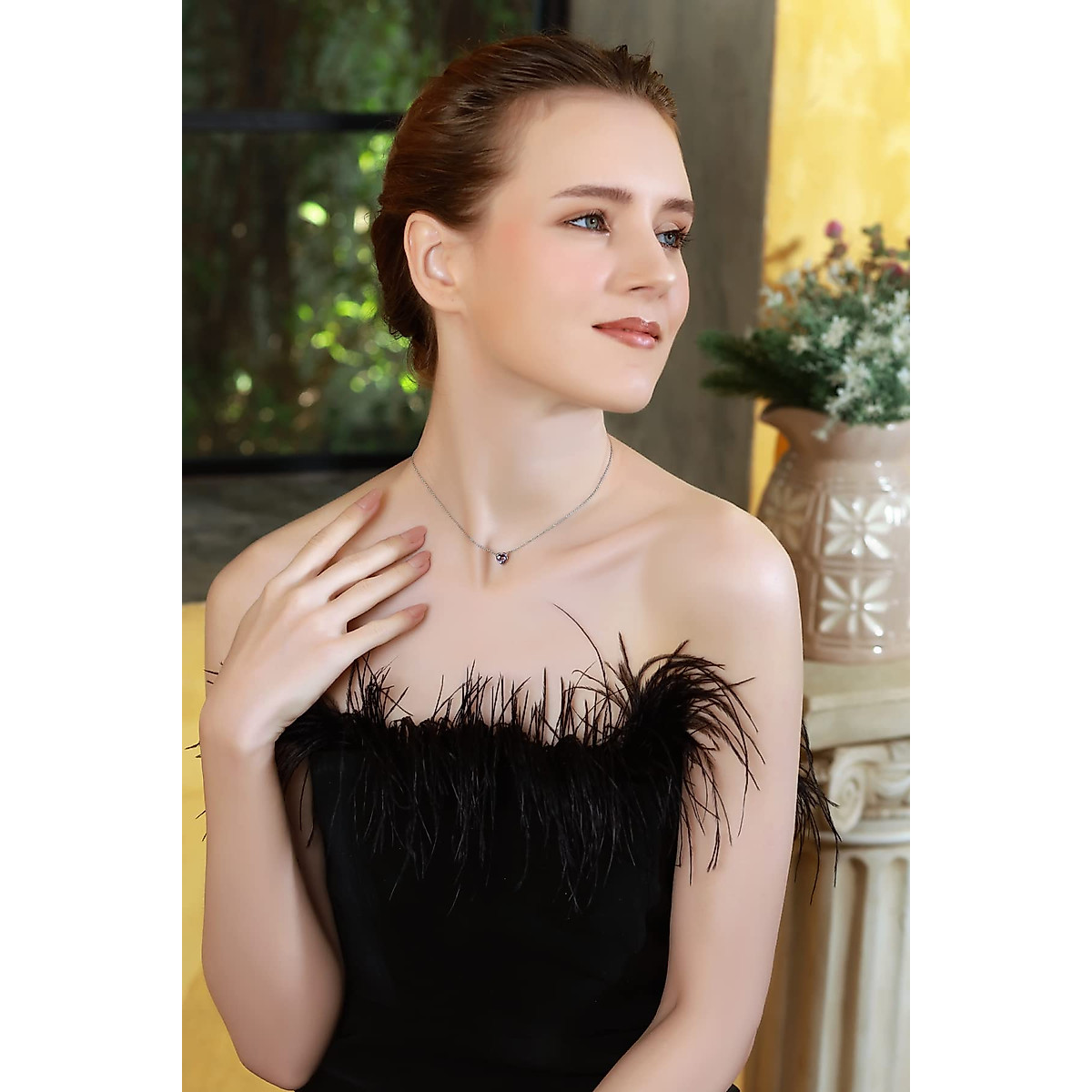 B. BRILLIANT Silver Necklace for Valentines Day 925 Sterling Purple Amethyst Dainty Short Heart Choker Necklaces for Women Bridesmaids Prom