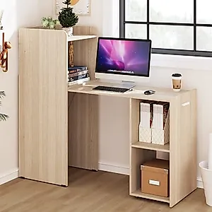 Tangkula Extendable Computer Desk for Small Space, Reversible Home Office Desk with Anti-Tipping Kit, Folding Study Writing Desk, Pull-Out PC Laptop Workstation Desk, Brown/Natural (Natural)