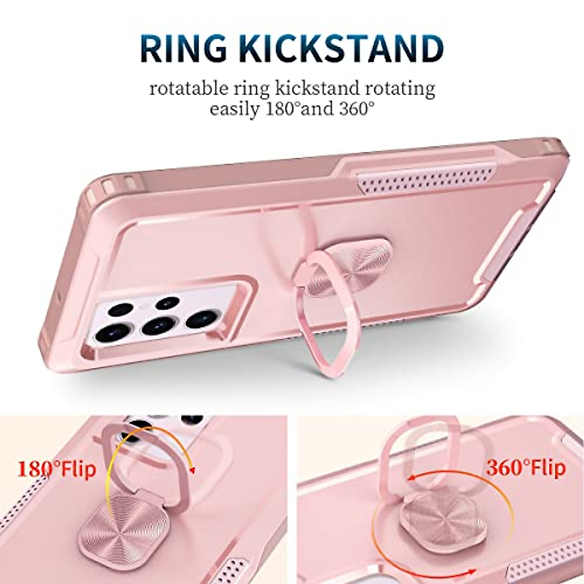 Bizzib for Samsung Galaxy S23 Ultra Case Heavy Duty Full Body Shockproof Kickstand With 360° Ring Holder Support Car Mount Hybrid Bumper Silicone Hard Back Cover with 2 Pack HD Len Protector Rose Gold