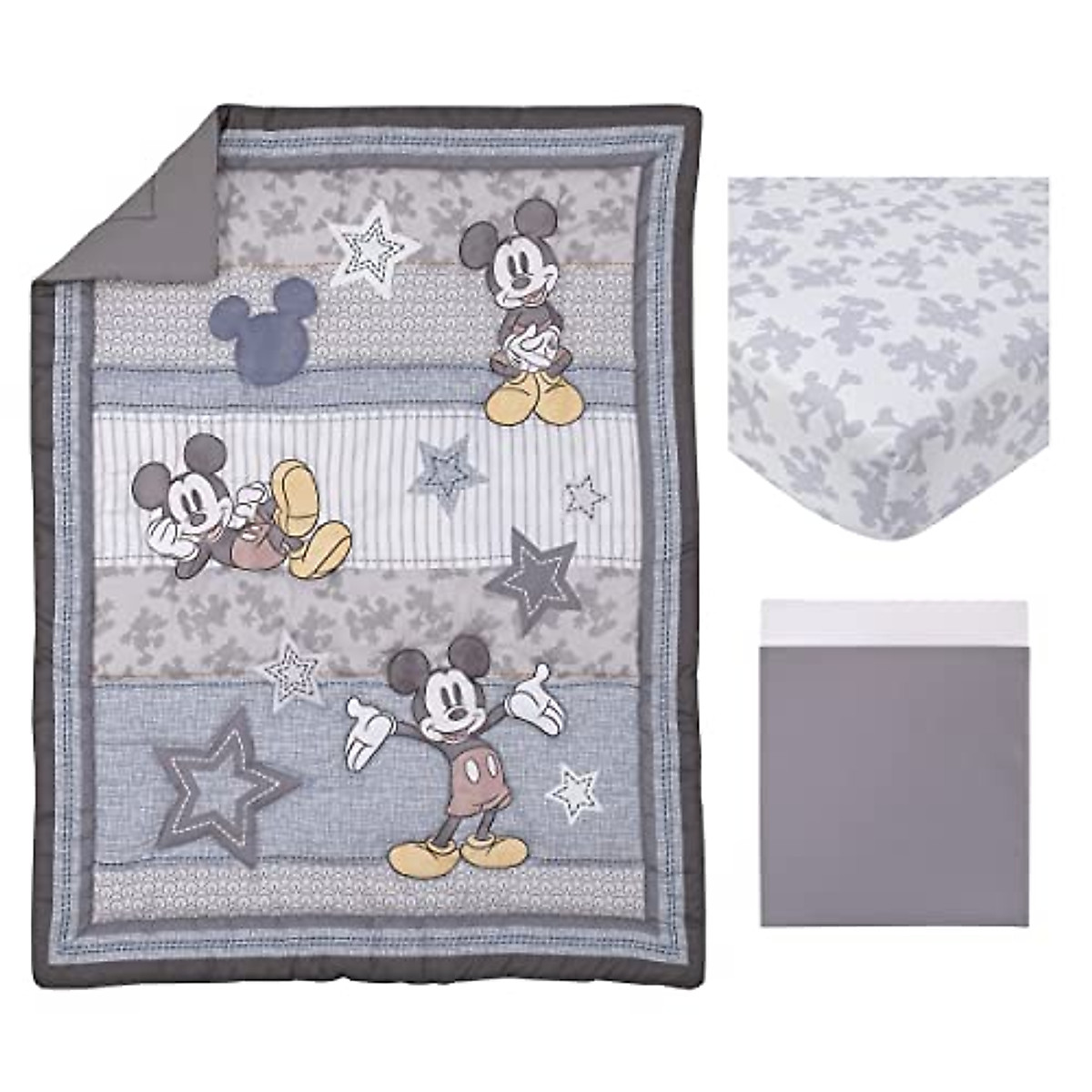 Disney Mighty Mickey Mouse Grey, White and Blue Stars, Stripes and Icons 3 Piece Nursery Crib Bedding Set - Comforter, Fitted Crib Sheet and Crib Skirt