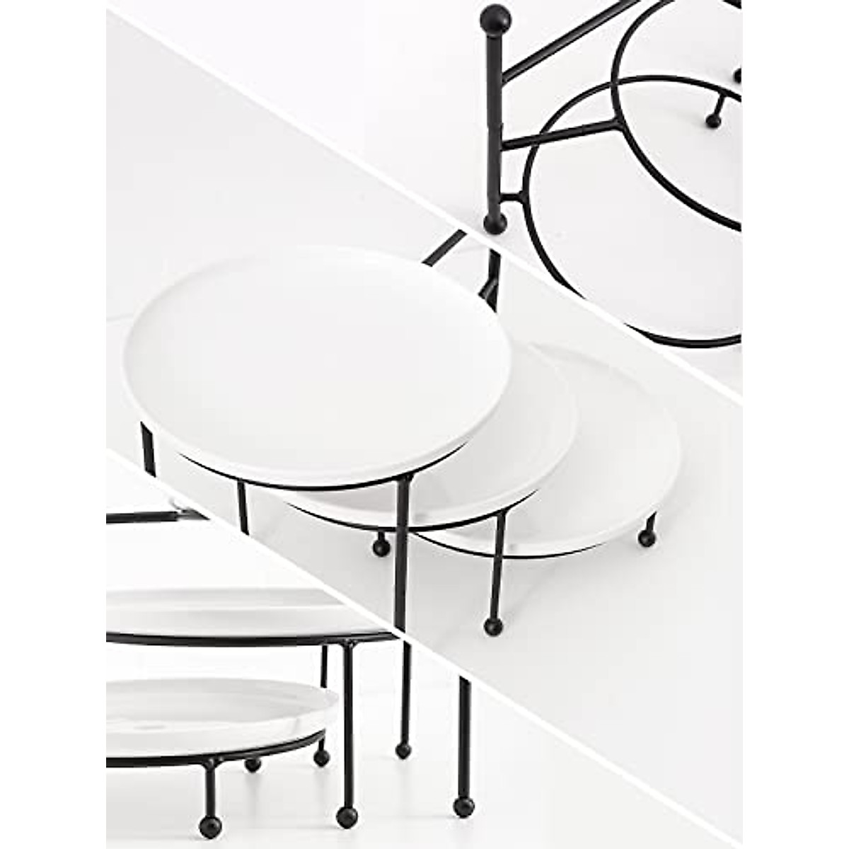 Kanwone 3 Tiered Serving Stand with White Porcelain Plates, Swivel Food Display Stand, 10" x 10" Tier Serving Trays with Black Metal Stand for Entertaining, 3 Tier Dessert Stand