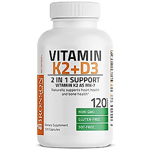 Bronson Vitamin K2 (MK7) with D3 Supplement Non-GMO Formula 5000 IU Vitamin D3 & 90 mcg Vitamin K2 MK-7 Easy to Swallow Vitamin D & K Complex, 120 Capsules