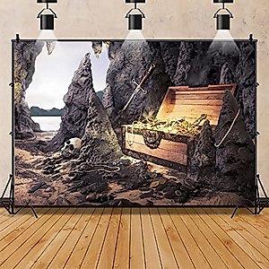 Renaiss Treasure Chest Backdrop for Photoshoot Adults Kids Portrait Adventure Gold Island Photography Background Sword Skull Jewellery Coins Sea Cave Pirate Party Decor 10x8ft Banner Photo Booth Props