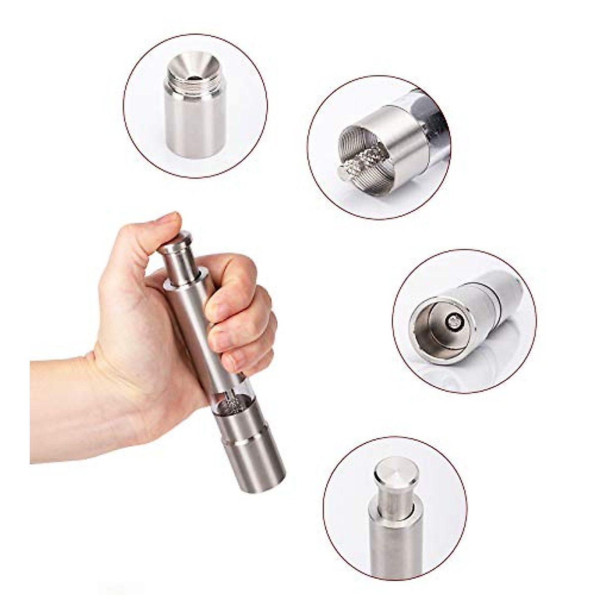 MINI Stainless-Steel One-Handed Thumb Push Button Salt and Pepper Grinder For Black Pepper Or Himalayan Salt(One pack)