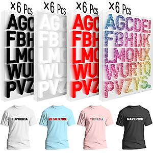 24 Sheets Iron On Letters for Clothing - Heat Transfer Vinyl Fabric Iron On Letters for DIY T-Shirts - Includes Red, White, Black and Coloured Letters