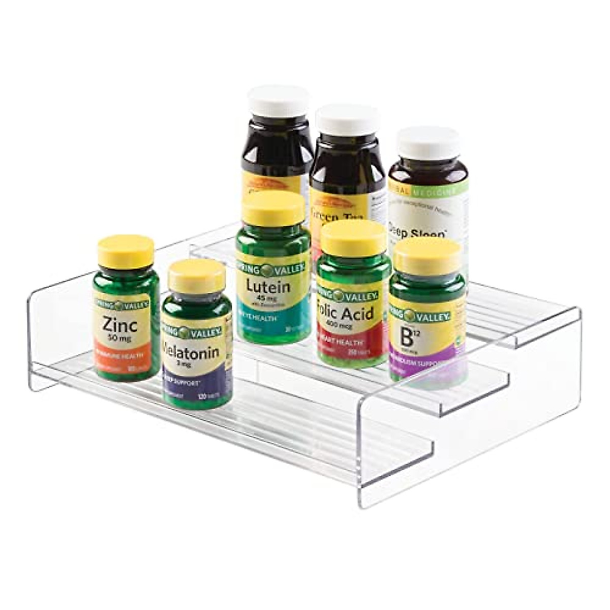 mDesign 3 Tier Bathroom Organizer Shelf - Storage Rack for Vitamins, Supplements - Versatile Compact Space Saving Holder for Countertops, Cabinets, Shelves - Ligne Collection - 2 Pack - Clear