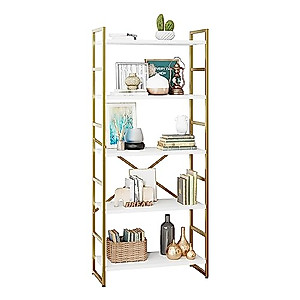 Shintenchi 5 Tiers Bookshelf, Classically Tall Bookcase Shelf, Industrial Book Rack, Modern Book Holder in Bedroom/Living Room/Home/Office, Storage Rack Shelves for Books/Movies,Gold
