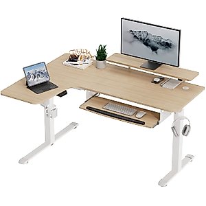 EUREKA ERGONOMIC Standing Desk Adjustable Height 61" Electric Sit Stand Computer Desk L Shaped with Keyboard Tray,Monitor Stand &LED, Dual Motor Memory Presets Sit to Desk Adjustable Desk, Left/Maple
