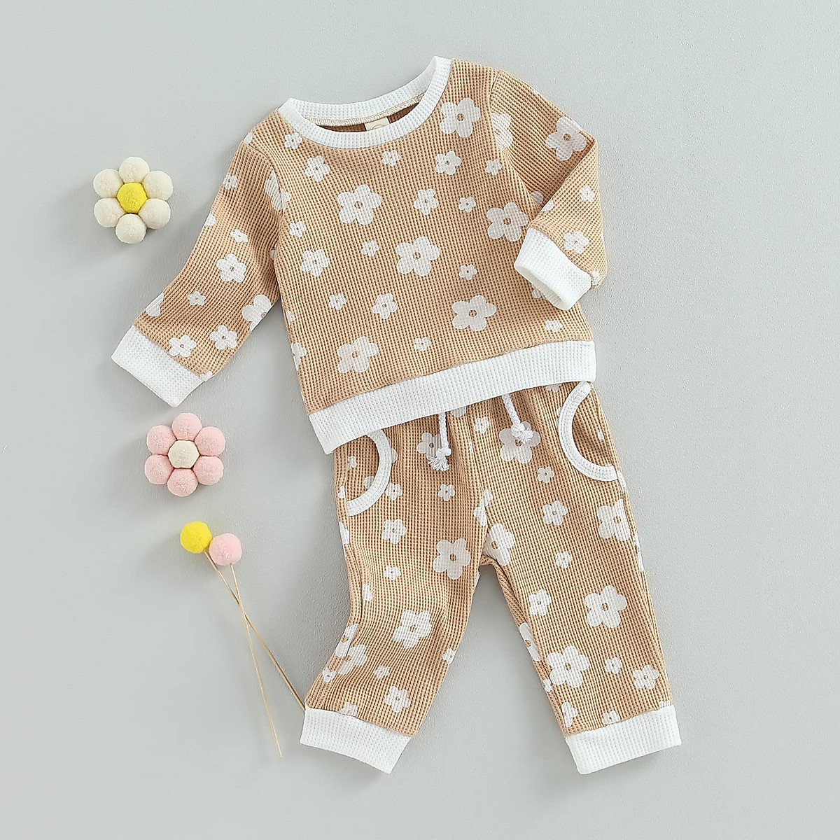 Toddler Baby Girl Fall Winter Outfit Floral Print Long Sleeve Sweatshirt and Elastic Waist Pants Newborn Clothes Set (Waffle Floral Khaki, 12-18 Months)