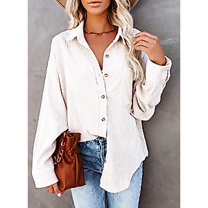 Astylish Womens Corduroy Shirts Button Down V Neck Long Sleeve Blouse Casual Roll Up Cuffed Tops with Pockets Beige S