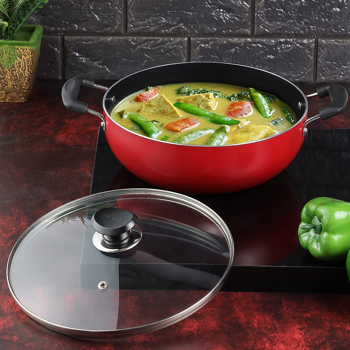 Vinod Cookware Zest Non-Stick Induction Friendly Deep Kadai With Lid Red/Black 4.1 Litres