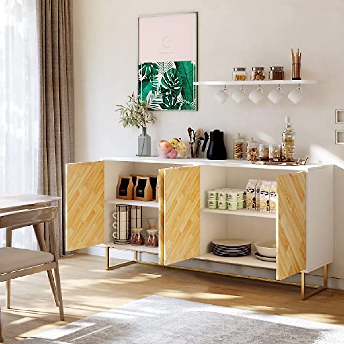 4 EVER WINNER Sideboard Buffet Cabinet, 55" Modern Credenzas Storage Cabinet with 4 Doors, Wood Buffet Storage Cabinet with Adjustable Shelves for Living Room Hallway, White and Gold