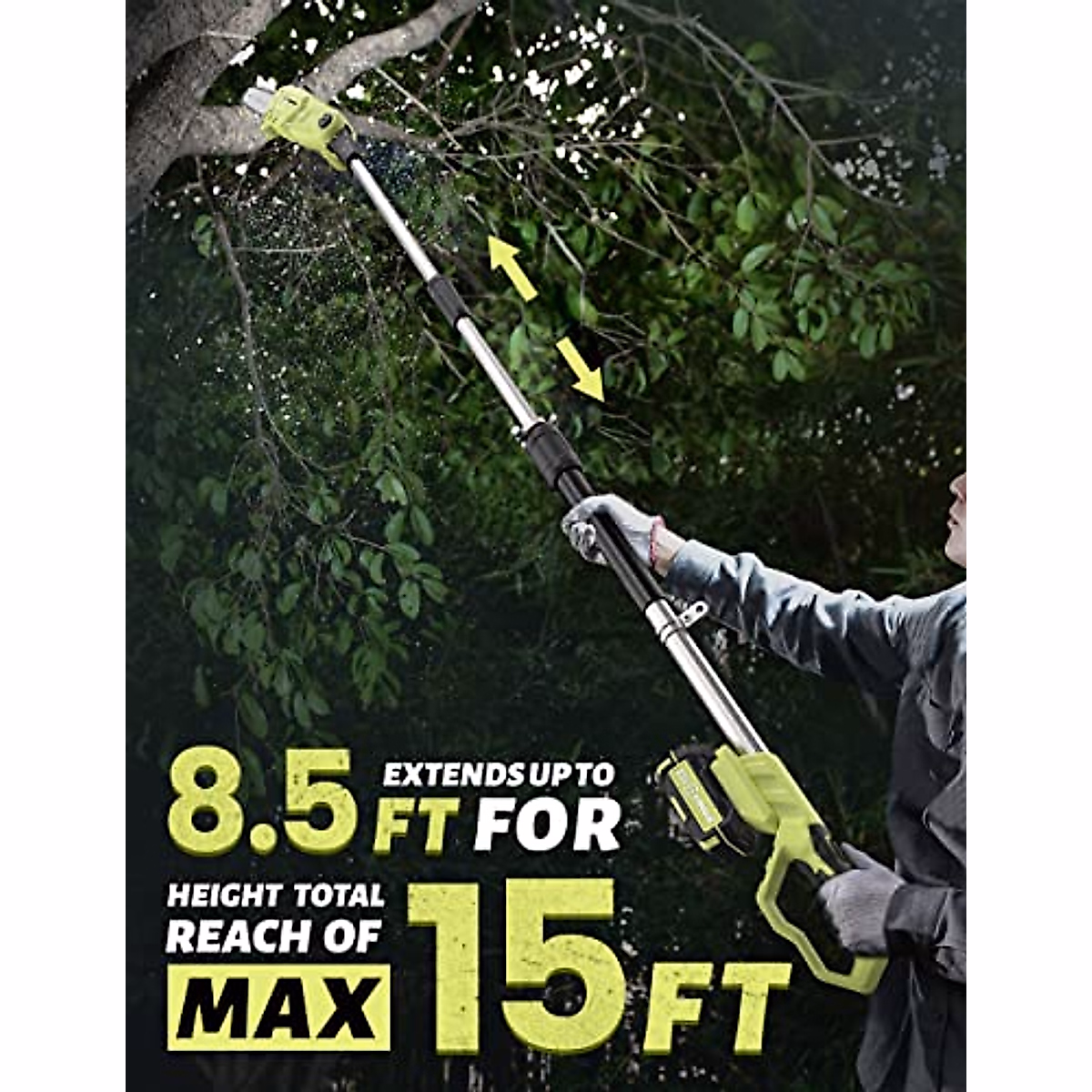 VANQUE 20V Cordless Pole Saw, 15-Foot MAX Reach Pole Saws for Tree Trimming, Battery Pole Saw for Branch Cutting, Trimming, Pruning, Adjustable Head & 8-Inch Bar and Chain, 4.0Ah Li-ion Battery