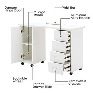 BarberPub Manicure Table, Acetone Resistant Nail Desk, Nail Table with 4 Drawers, 2 Cabinet, Lockable Wheels, Wrist Pad, Nail Desk for Nail Tech, Beauty Salon White 0611