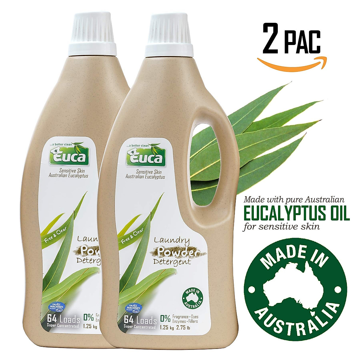 100% Australian Made - ECO-Friendly Eucalyptus Oil Laundry Powder Detergent, Super Concentrated, Hypoallergenic, No Synthetic Perfumes, 2.75 LB (Pack of 2)