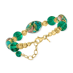 Ross-Simons Italian Green and Goldtone Murano Glass Bead Bracelet in 18kt Gold Over Sterling. 7 inches