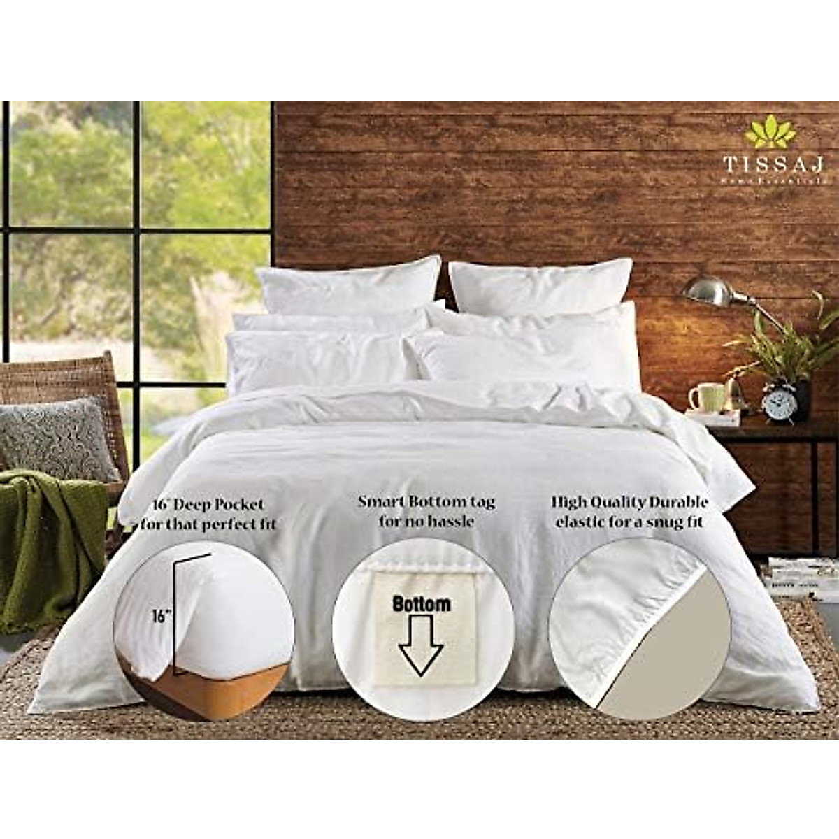 Tissaj Organic Cotton Sheets King Size – Ultra White – GOTS Certified – Durable Luxury Quality – Extra Deep Pockets & Secure Fit – Premium Bedding – Sateen Weave – with Carry Pouch – Set of 4