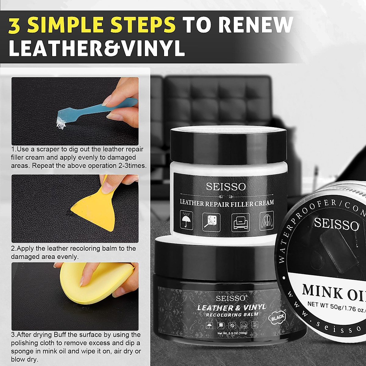 Black Leather Recoloring Balm, Leather & Vinyl Repair Kit with Mink Oil & Leather Filler for Leather Scratch Peeling, Fading Shoes, Vinyl Furniture, Car Leather, Sofa