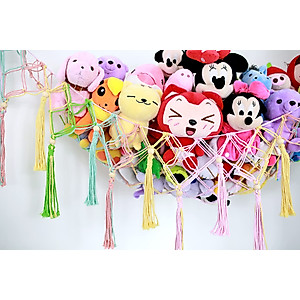 Large Stuffed Animal Net Toy Hammock Corner XL Hanging Net for Plush Toy Holder Boho Macrame Toy Display Stuffed Animal Storage Organizer for Kids Room, Nursery