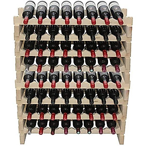 DisplayGifts Pine Thick Wood Stackable Storage Stand Display Shelves Wine Rack Wobble-Free Natural Wood 64 Bottle Capacity 8 X 8 Rows
