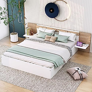 Linique Queen Size Platform Bed with 2 Drawers,Headboard,Shelves,USB Ports and Sockets,Queen Wooden Platform Bed Frame for Bedroom,No Need Spring Box(White)