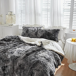 Shaggy Comforter Set Twin Size 2 Pieces Winter Faux Fur Comforter Set with 1 Pillowcases Ultra Soft and Easy Care Luxury Plush Warm Super Fleece Sherpa Bedding Set White with White with Black