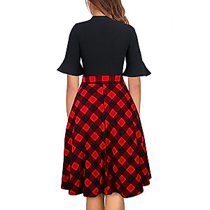 Buffalo Plaid Dresses for Women Christmas Vintage Fit and Flare Knee Length Teacher Church Business Office Professional Work Dress L