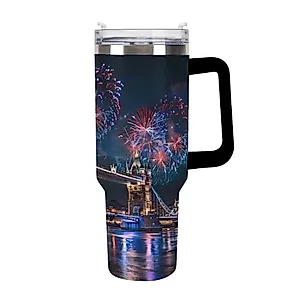 Fireworks over The Tower Bridge London Britain UK 40OZ Tumbler Stainless Steel Travel Mug Water Bottle Car Cup Tea Cups with Lid Black-style