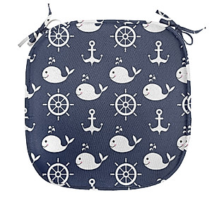 Ambesonne Navy Blue Chair Seating Cushion, Maritime Pattern with Whales Helms Anchors Nautical Elements Deep Sea Life, Anti-Slip Seat Padding for Kitchen & Patio, 16"x16", Navy Blue White