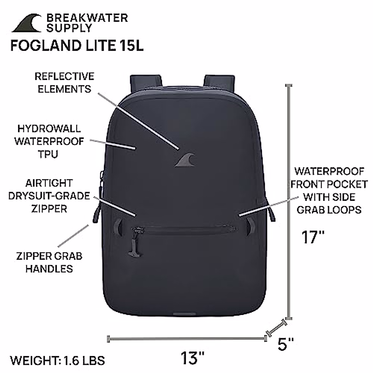 Breakwater Supply™ Fogland Lite Small Waterproof Submersible Backpack with Laptop Sleeve & Airtight Zippers for Outdoors, Surfing, Kayaking, Hiking, Cycling, Unisex TPU Dry Bag (Stealth Black, 15L)