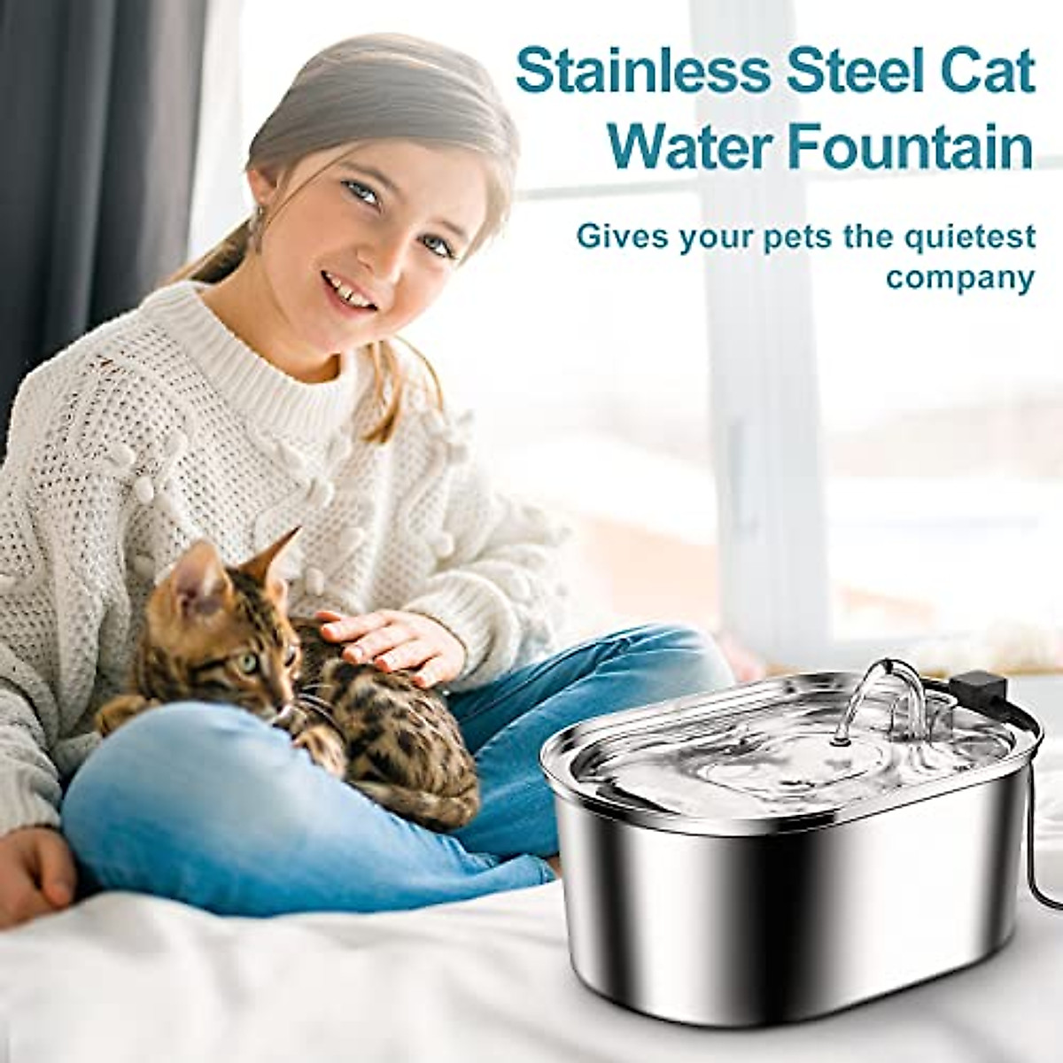 Cat Water Fountain Stainless Steel - Water Fountain for Cats Inside with Ultra-Quiet Pump, 3.2L/108oz Cat Fountains for Drinking, Automatic Cat Fountain Water Bowl for Multiple Pets