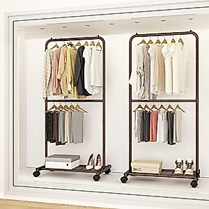 Simple Trending-Double Rod Clothing Garment Rack, Rolling Clothes Organizer on Wheels for Hanging Clothes, Bronze