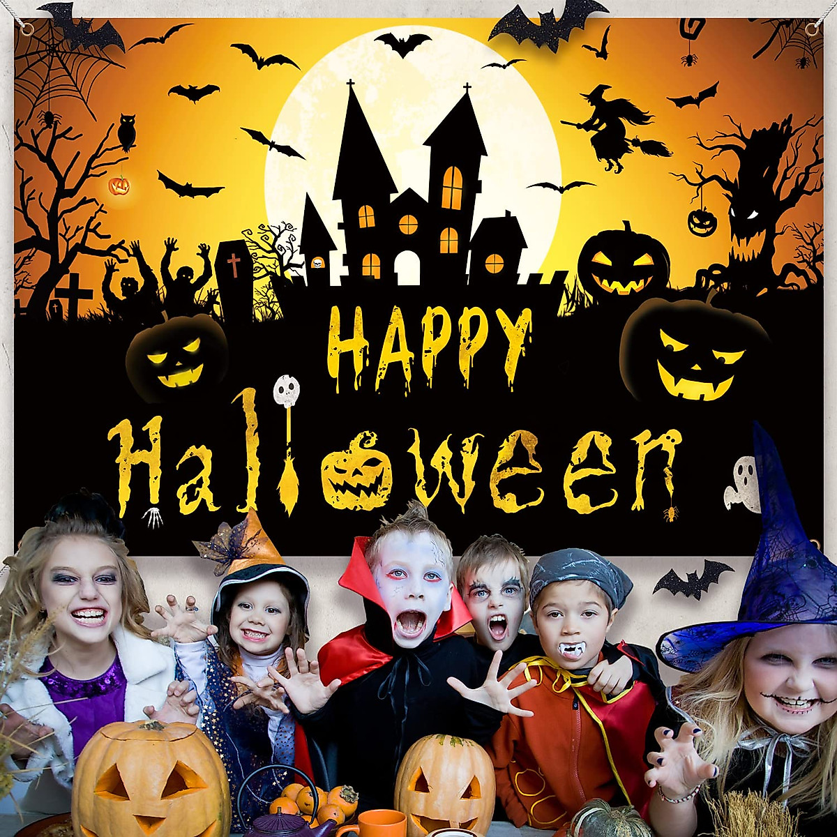 Halloween Decorations - Halloween Backdrop, Happy Halloween Banner with Witch, Pumpkin, Halloween Bats for Halloween Party Decorations, Halloween Decorations Indoor