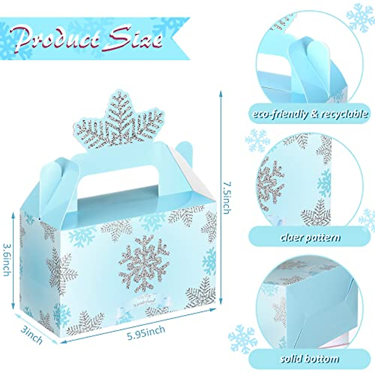 12 Pcs Wonderland Party Favor Box Winter Gable Boxes Snowflake Treat Boxes Birthday Box Paper Goodie Boxes Gift Box for Wonderland Birthday Winter Holidays Baby Shower Weddings Decorations (Blue)