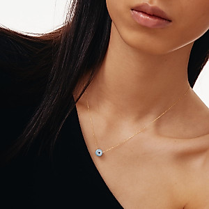 14k Solid Gold Turquoise Evil Eye Necklace | 14k Yellow Gold Opal Nazar Necklaces for Women | Round Pendant Necklace | Delicate October Birthstone Jewelry | Gifts for Christmas, 18"