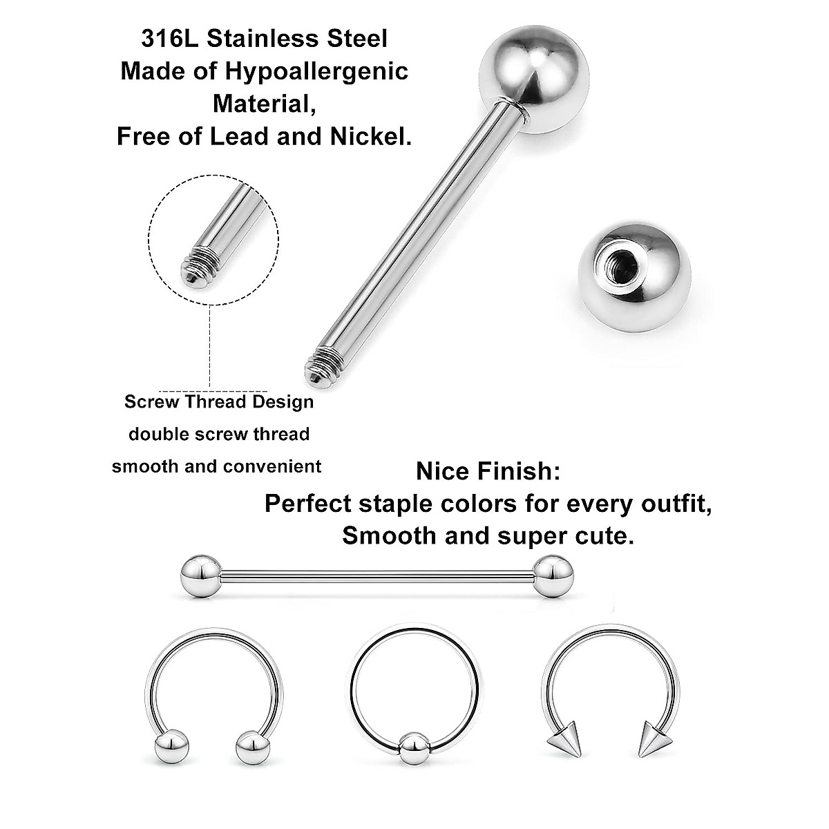 Heienngy Piercing Kit Stainless Steel Eyebrow Rings,Horseshoe Ring,Industrial Piercing Jewelry,Belly Button Ring,Lip Rings,Earrings,Nipple Rings,Tongue Rings For Women men 14G 16G Piercing Needles
